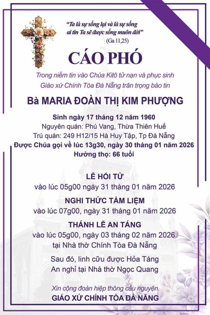 Cáo phó: Bà MARIA ĐOÀN THỊ KIM PHƯỢNG (1960)